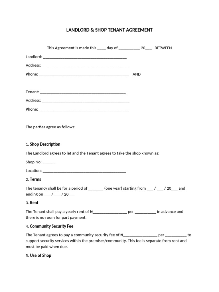 Landlord-Tenant Shop Agreement Template | PDF