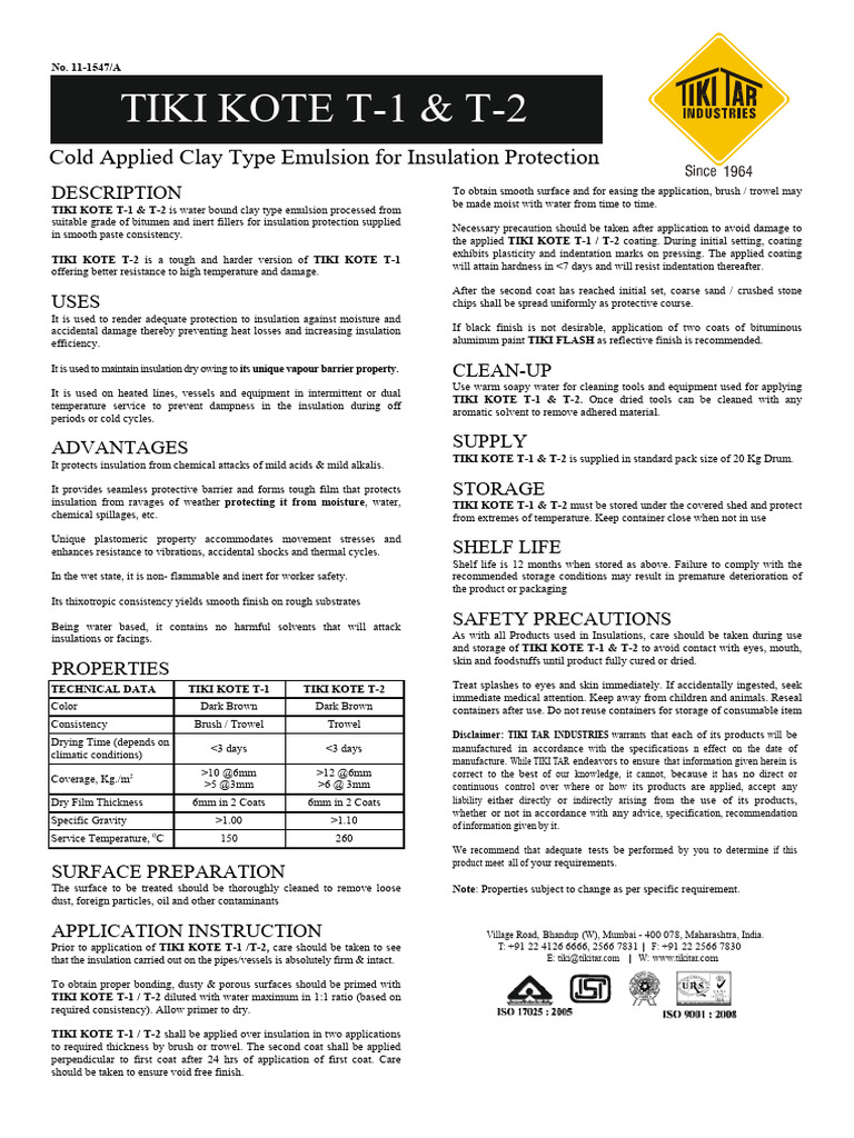 TIKI KOTE T-1 & T-2 Insulation Emulsion | PDF | Applied And ...