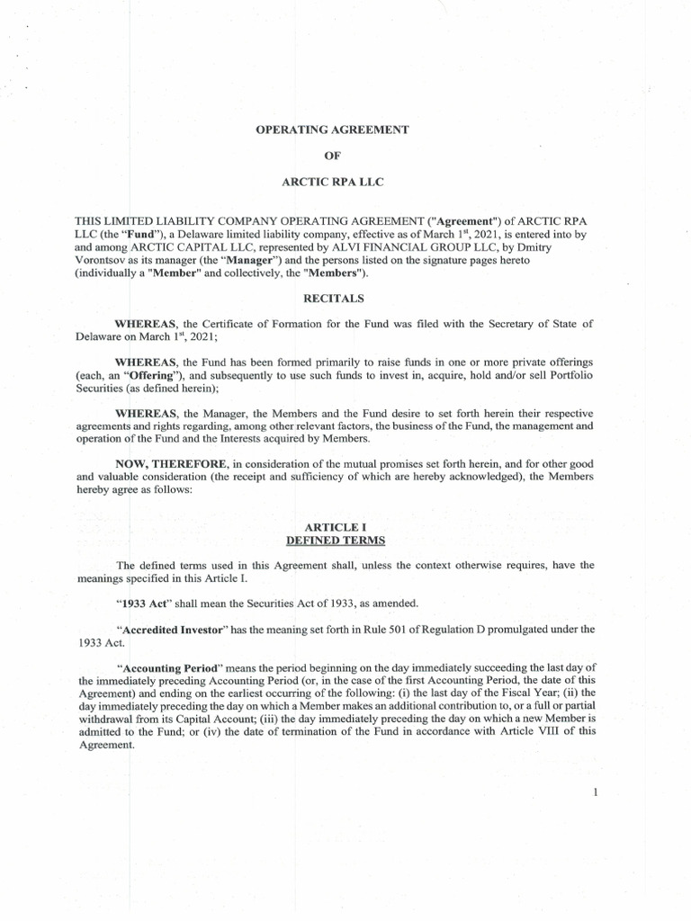 Exhibit B. Operating Agreement - ARCTIC RPA LLC | PDF