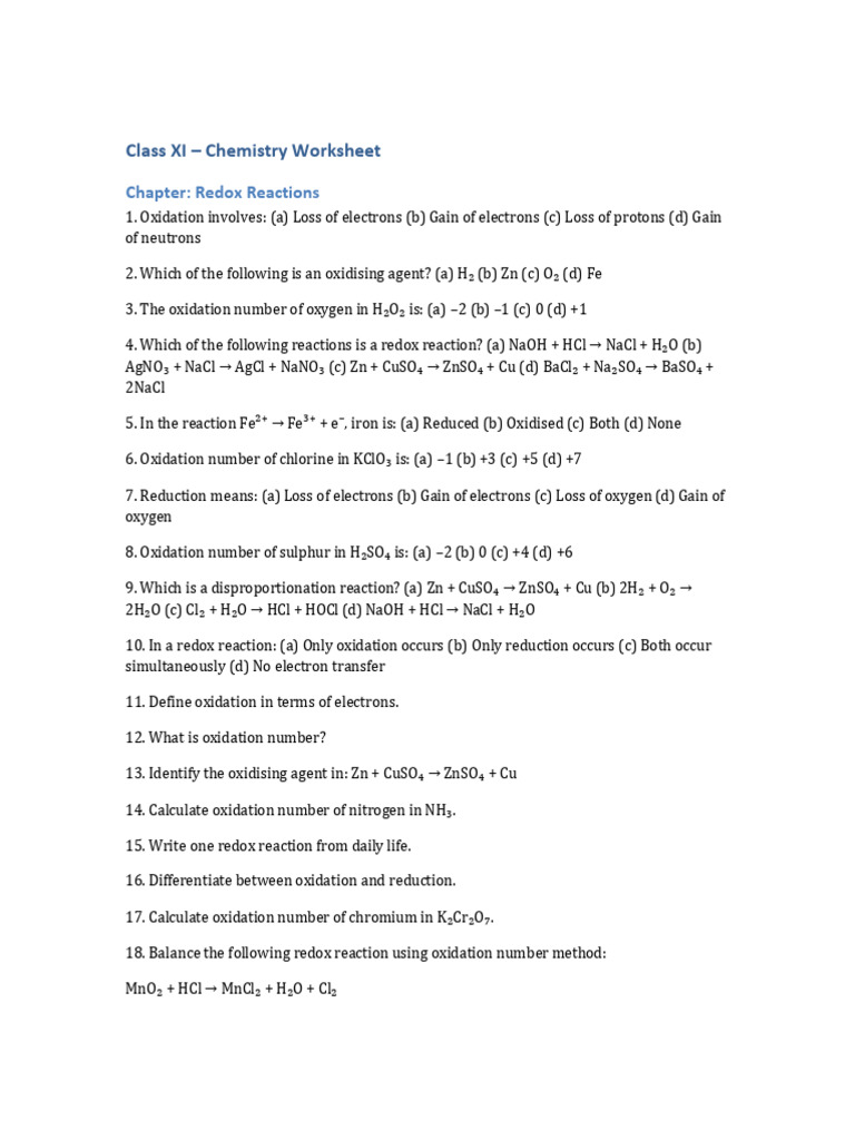 Class 11 Redox Reactions Worksheet | PDF