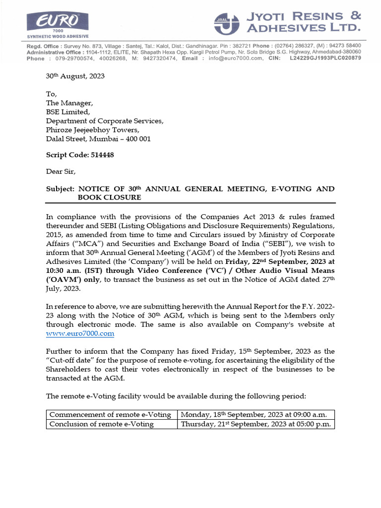 30th AGM Notice and E-Voting Details | PDF | Adhesive | Brand