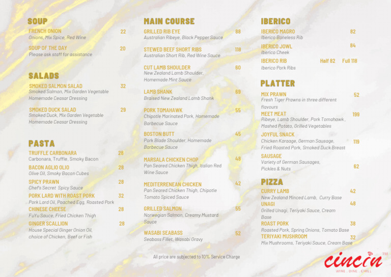 Cincin PJ Dining Restaurant Dinner Menu | PDF | Sauce | Sausage