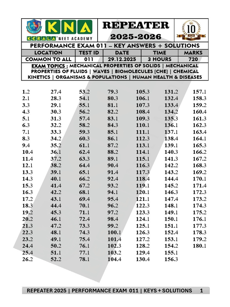 Perfformance Exam - 011 - Keys+Sol | PDF | Reaction Rate | Glucose
