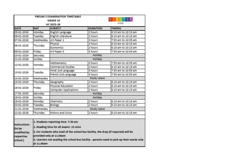 Grade 10 Prelim Exam Timetable 2026 | PDF