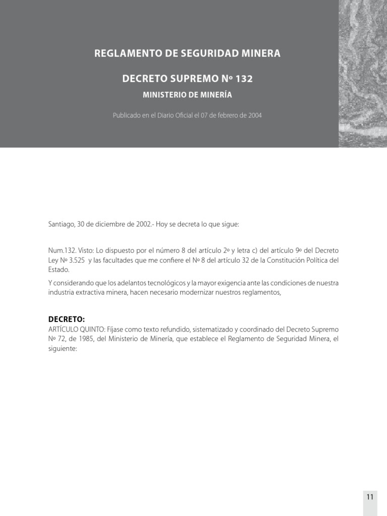 DS 132 2004 Reglamento Seguridad Minera | PDF | Minería | Regulación