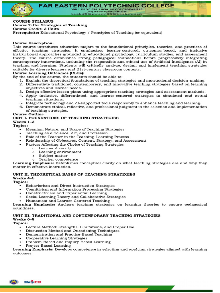 Teaching Strategies Course Syllabus | PDF | Learning | Pedagogy