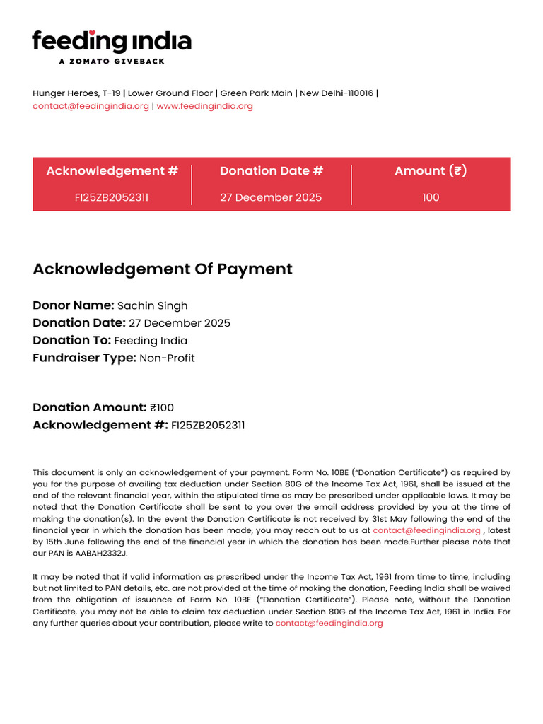 Donation Acknowledgement - Feeding India | PDF