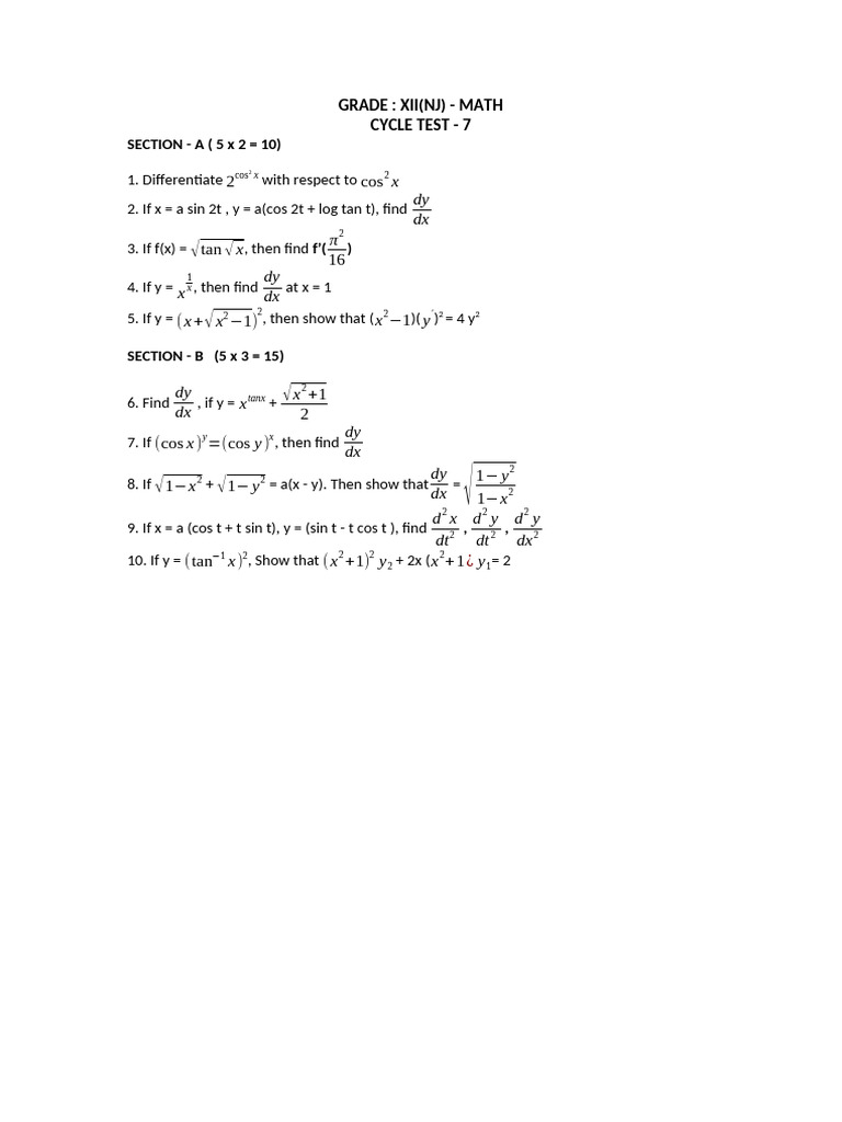 Math Cycle Test - 7 (2.12.25) | PDF