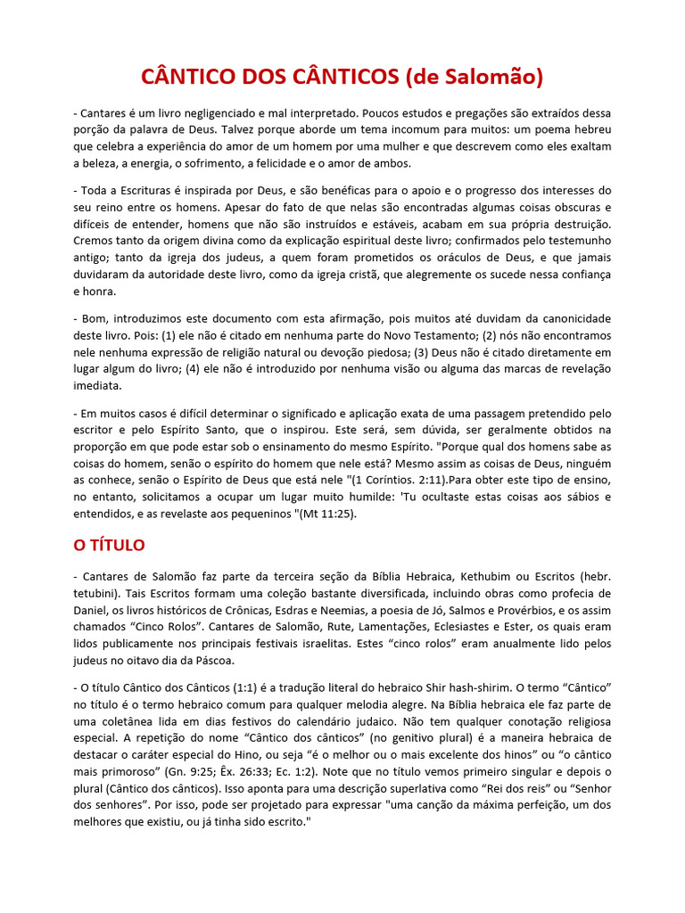 [00] Cânticos Dos Cânticos Resumo Introdutório Final | PDF | Amor ...