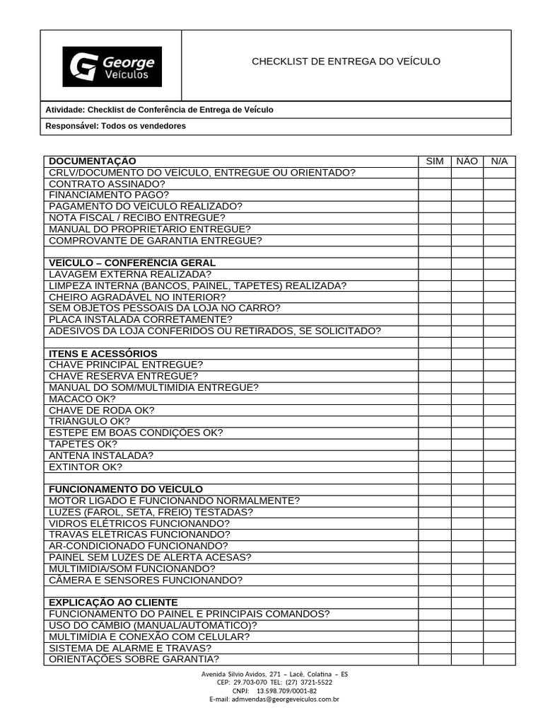 Checklist de Entrega de Veículo Completo | PDF