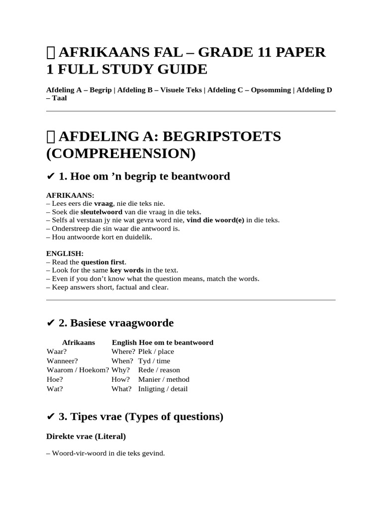 Afrikaans grade 9 p1 studyguide | PDF