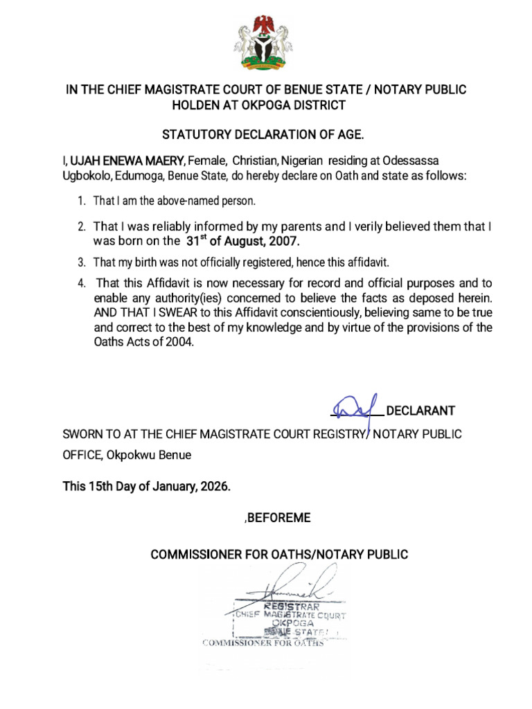 Ujah Mary Declaration of Age | PDF