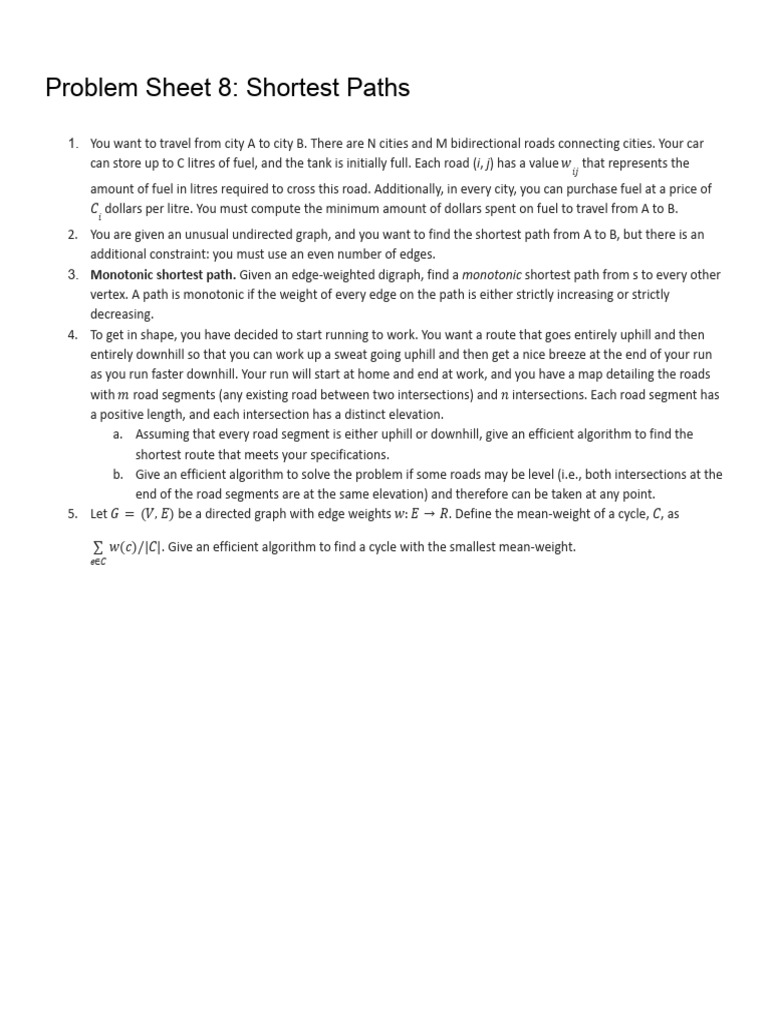 Problem Sheet 8 - Shortest Paths | PDF