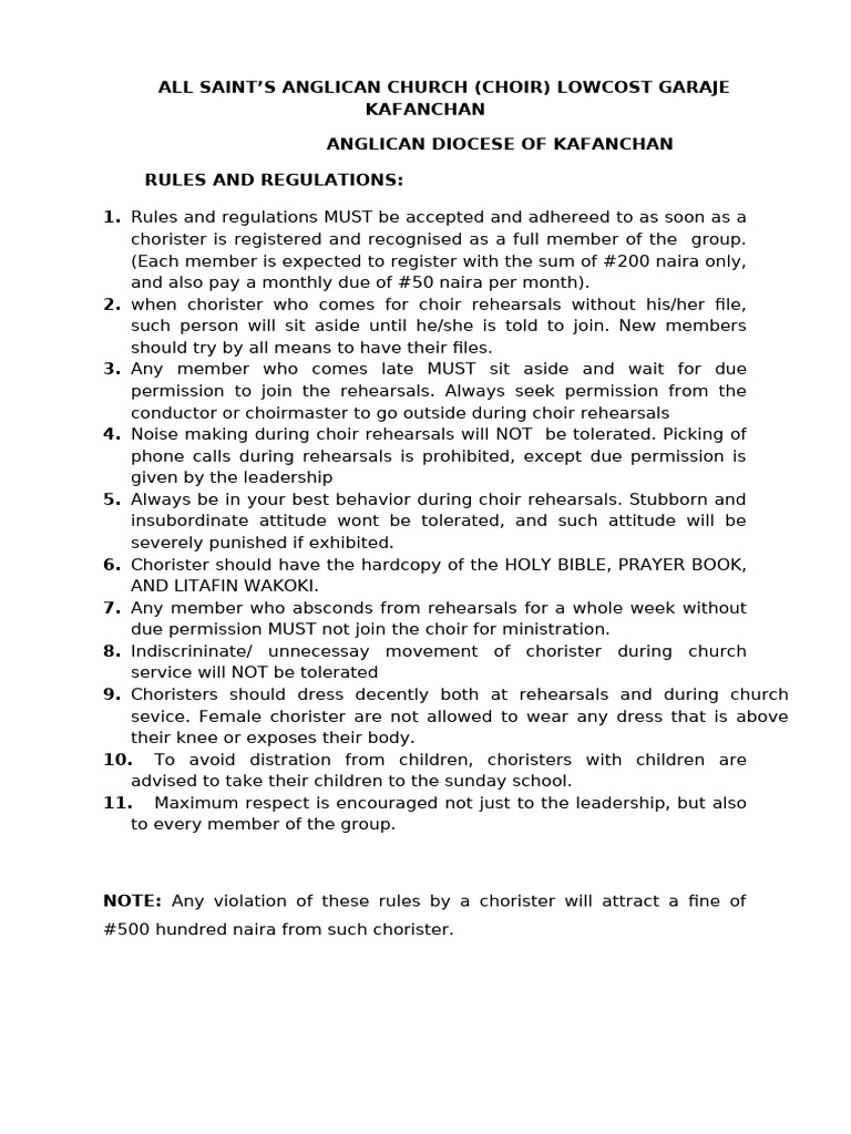 Choir Rules and Regulations Guide | PDF