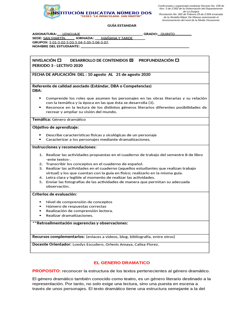 5° 3P Lenguaje y castellano para quinto | PDF | Teatro