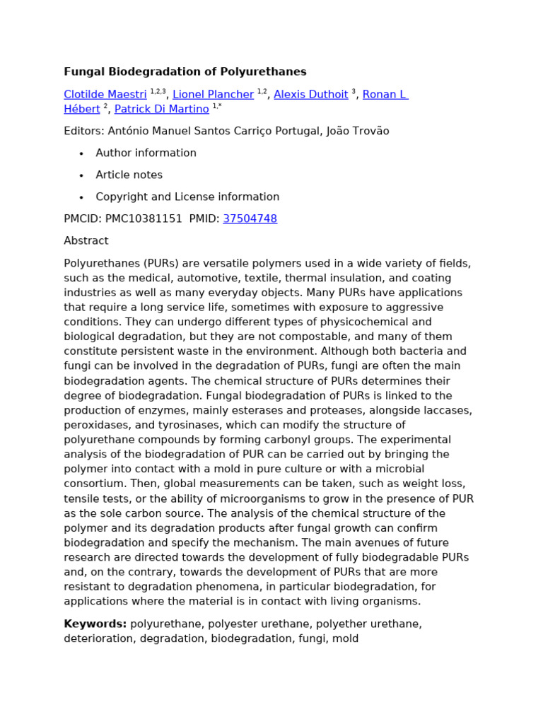 Fungal Biodegradation of Polyurethanes | PDF | Polyurethane ...