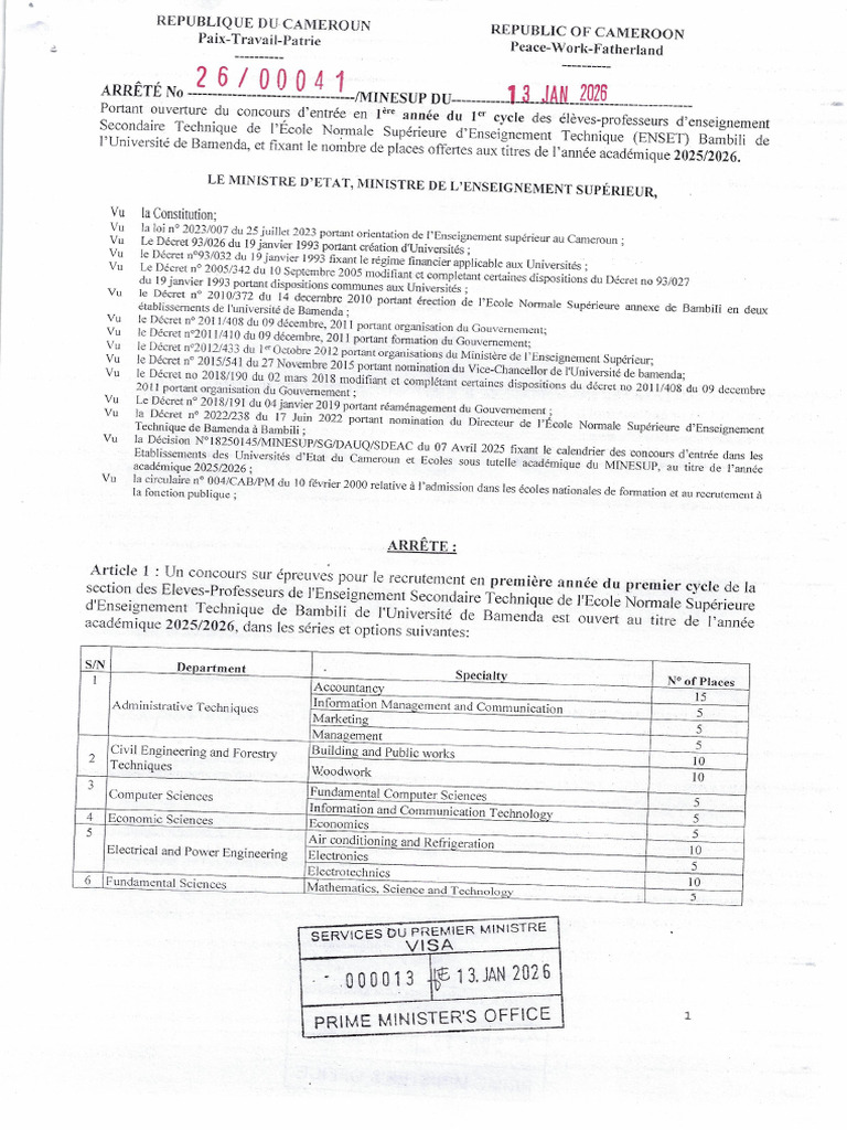 Concours ENSET Bambili 2026 - 1er Cycle | PDF