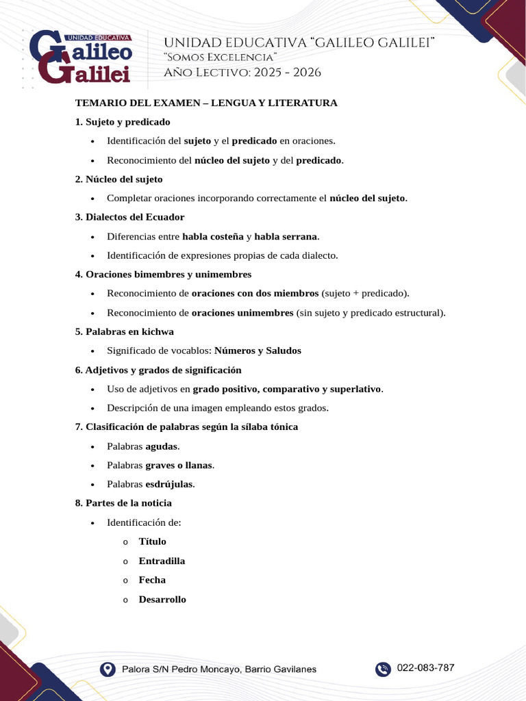 Temario Examen Lengua y Literatura | PDF