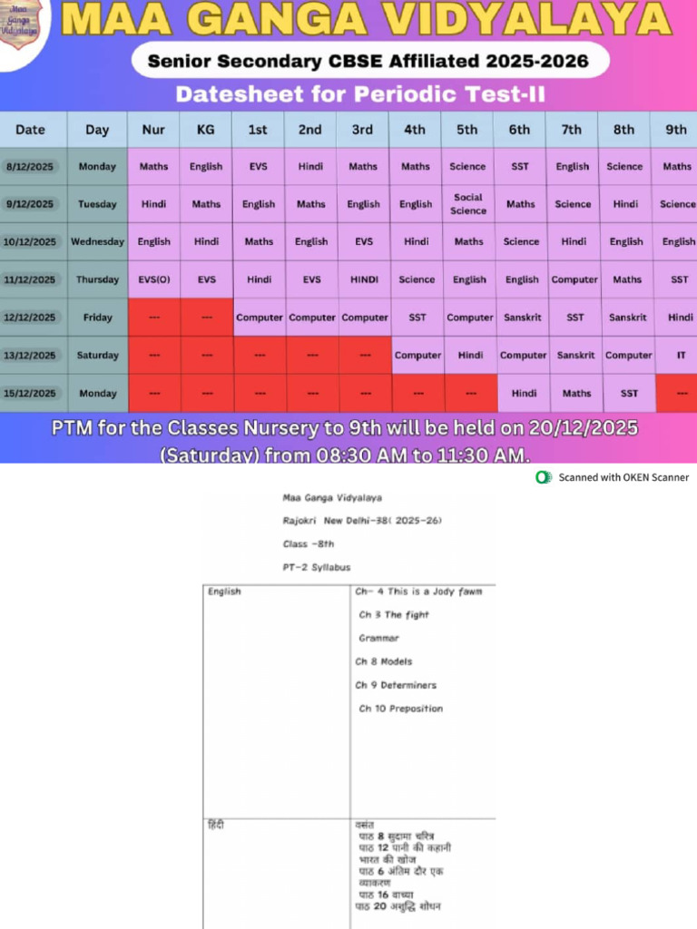 Class -8th Date Sheet and PT-2 Syllabus | PDF