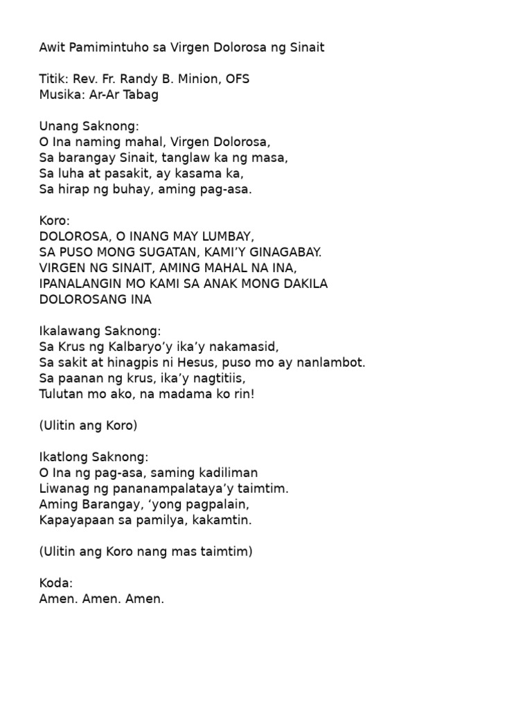 Awit Pamimintuho Sa Virgen Dolorosa Ng Sinait | PDF
