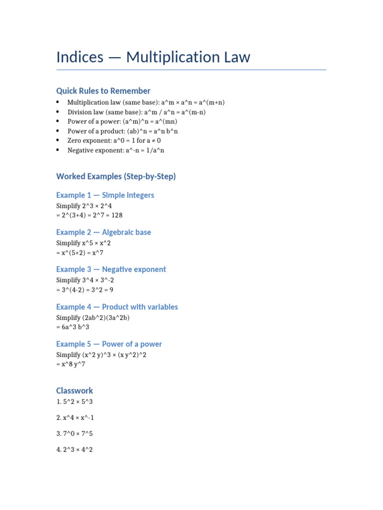 Multiplication Law of Indices Explained | PDF