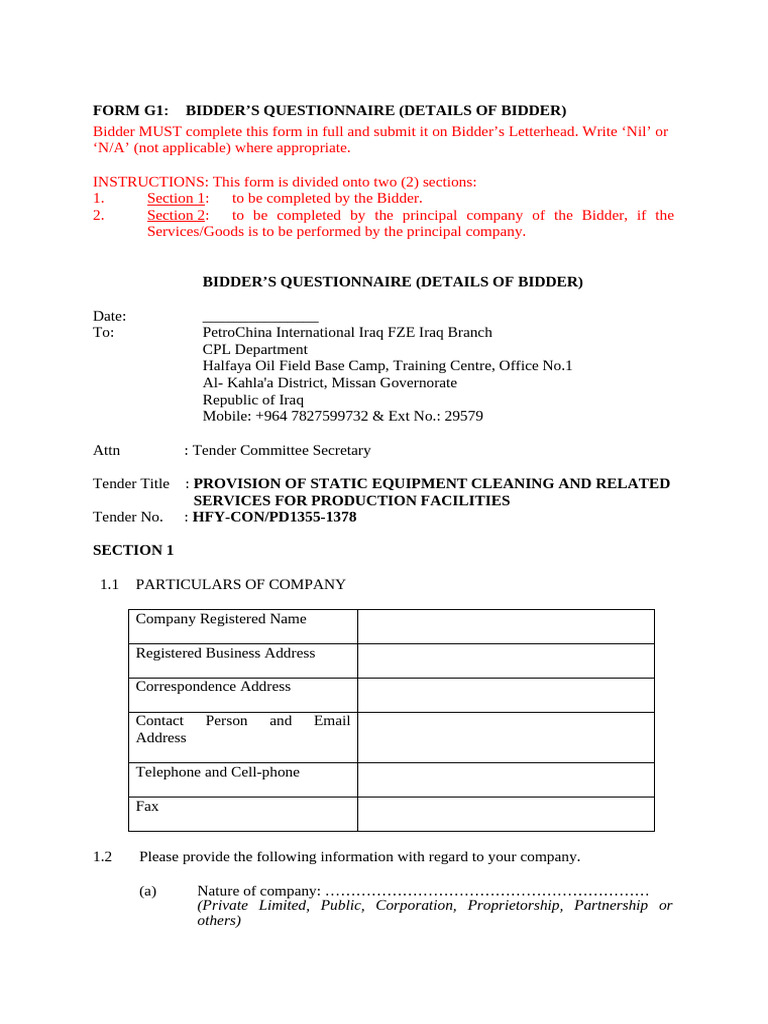 Form g1 - Bidder's Questionnaire | PDF | Joint Venture | Consortium