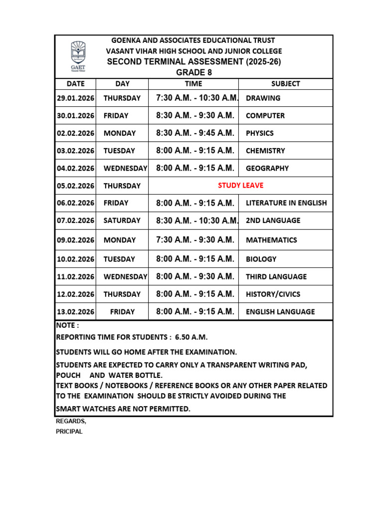 Grade 8-25-26 Term 2 Exam Timetable | PDF