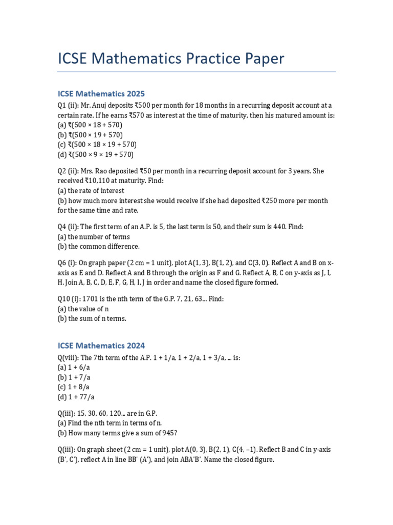 ICSE Math Practice Paper | PDF | Financial Services | Mathematics