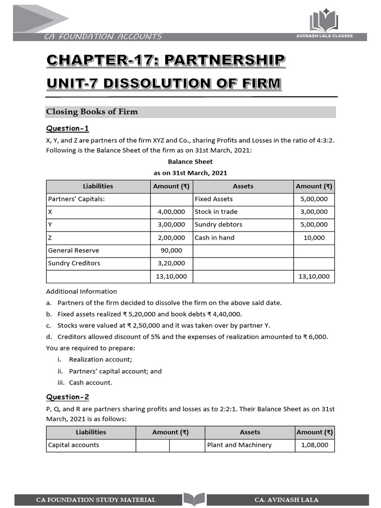 Dissolution of Firm ALC Study Material | PDF | Balance Sheet | Book Value