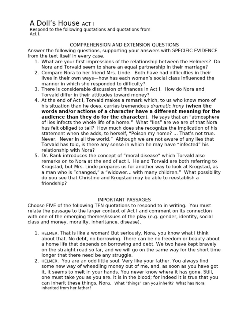 A Doll’s House Act I Analysis Questions | PDF | A Doll's House