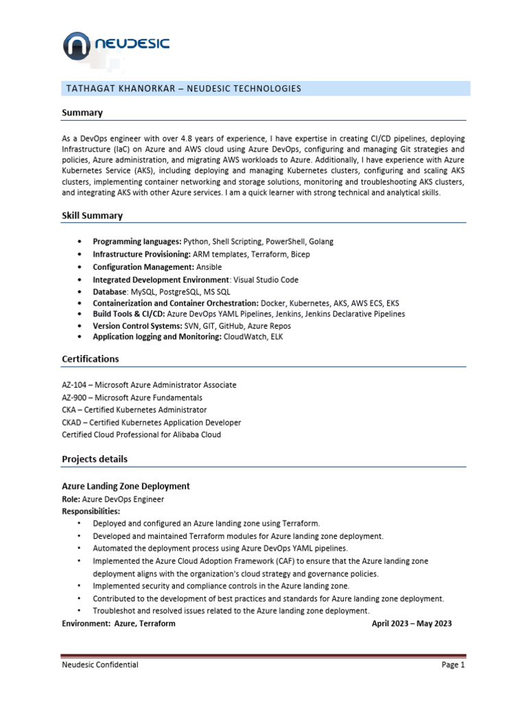 Tathagat Neudesic Format Resume June 2023 | PDF | Microsoft Azure ...