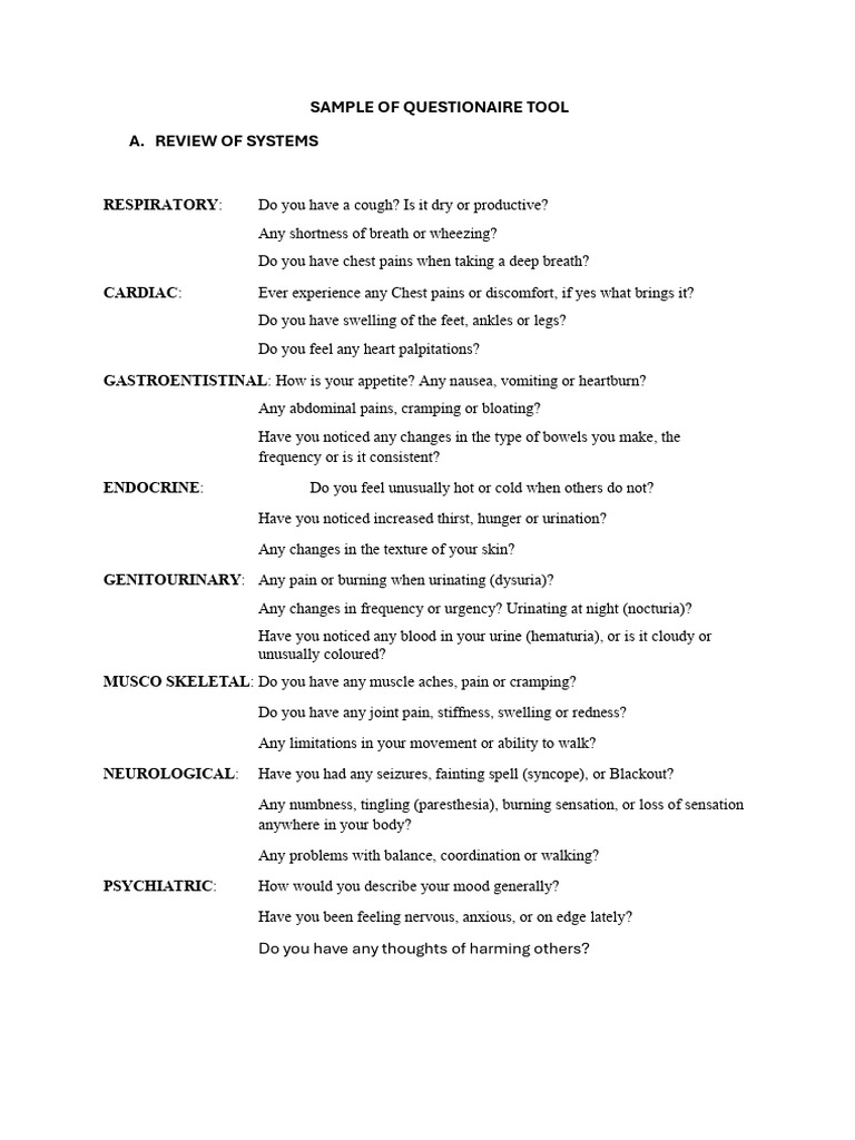 Sample of Questionaire Tool | PDF | Paresthesia | Symptoms And Signs
