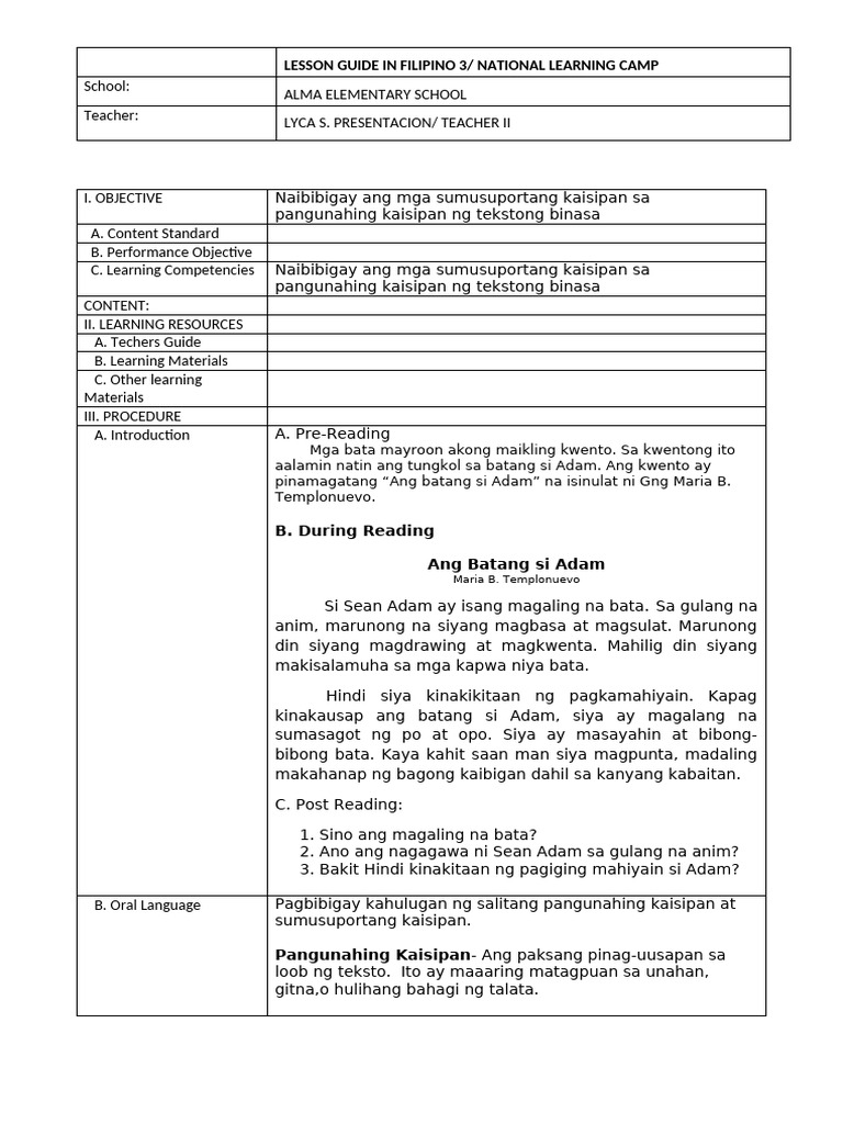 Lesson Guide in Filipino 3 National Learning Camp | PDF
