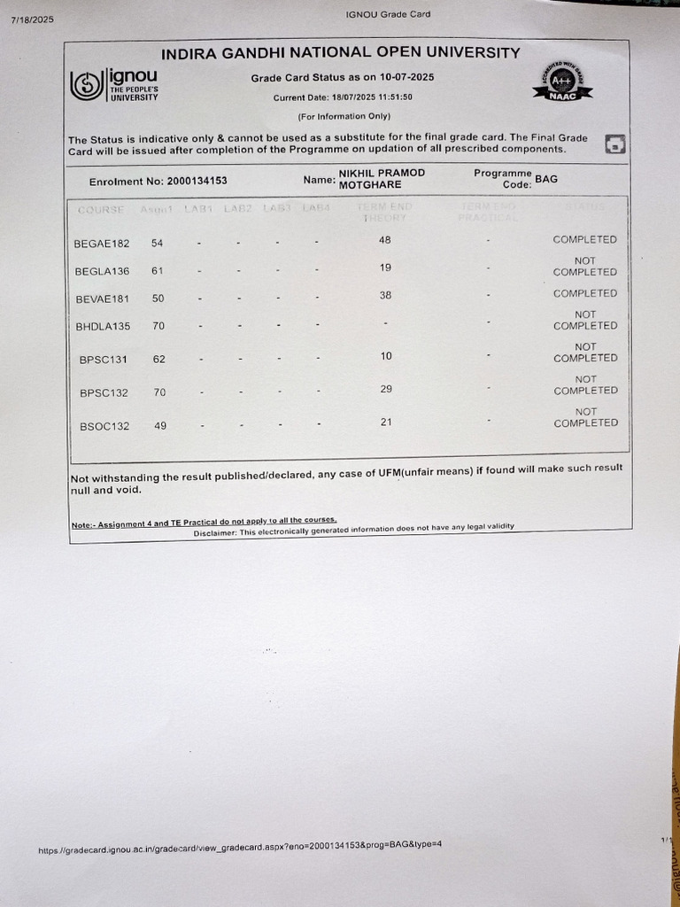 IGNOU Grade Card Status for Nikhil Motghare | PDF
