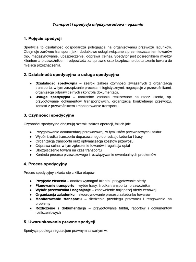 Transport i Spedycja Międzynarodowa Egzamin | PDF