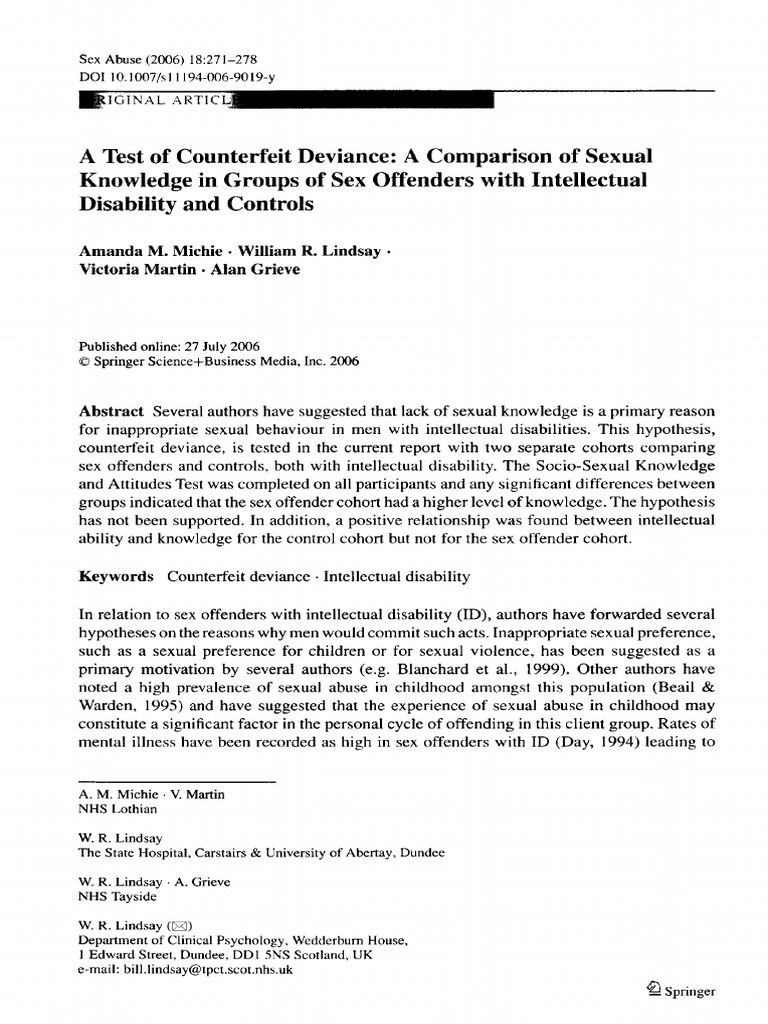 A Test of Counterfeit Deviance A Comparison of Sexual Knowledge | PDF ...