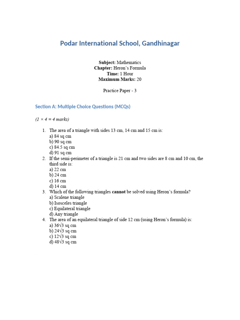 Class 9 Herons Formula Practice Paper 3 | PDF