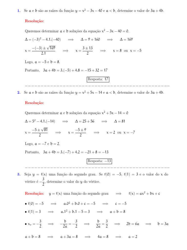 Atividade 2 - Funcao Do Segundo Grau (Resolucao) | PDF