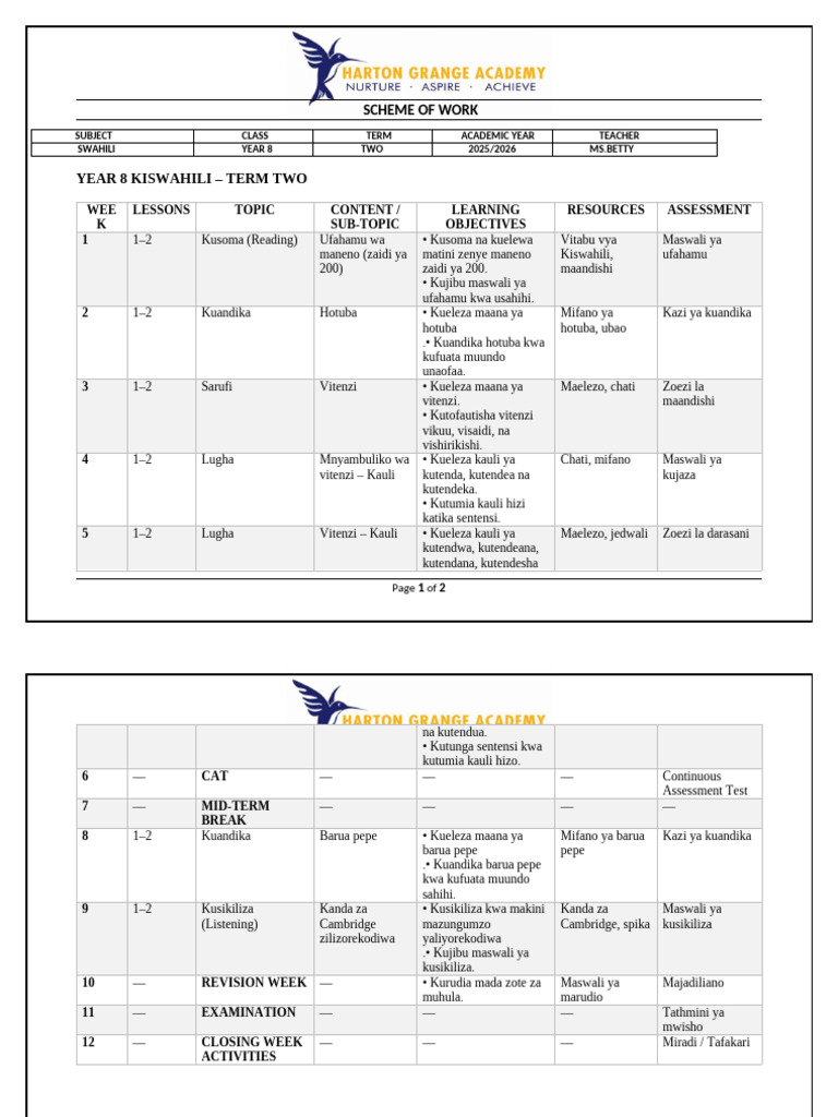 Swahili Scheme of Work Year 8 Term 2-2025-2026 | PDF
