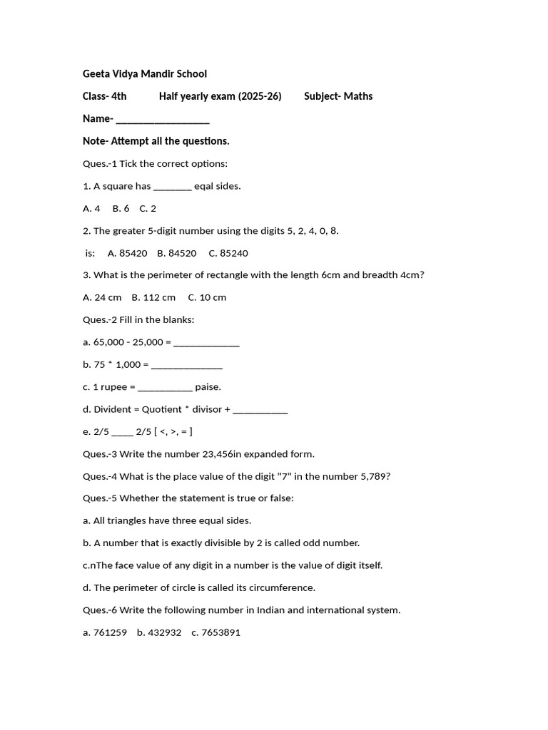 Class 4 Maths Half-Yearly Exam 2025-26 | PDF