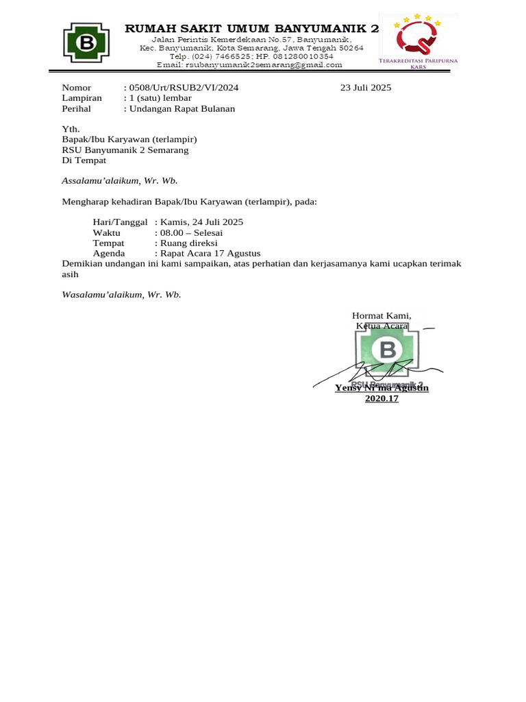 Undangan Rapat Bulanan RSU Banyumanik | PDF