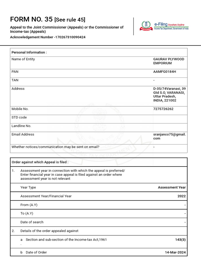 Income Tax Appeal Form No. 35 | PDF | Income Statement | Taxes