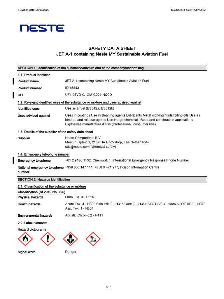 Safety Data Sheet for JET A-1 Fuel | PDF | Sewage Treatment | Sewage