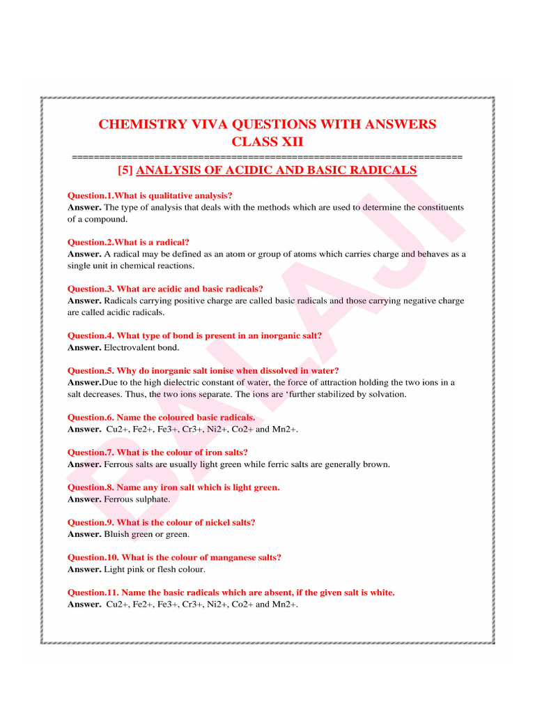 C-12 Viva Chemistry Acidic Basic Radicals | PDF