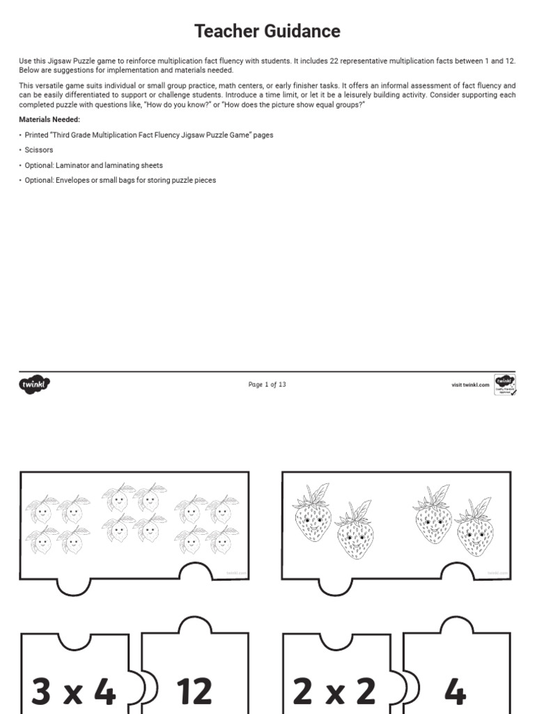 Third Grade Multiplication Fact Fluency Jigsaw Puzzle Game-B&W | PDF