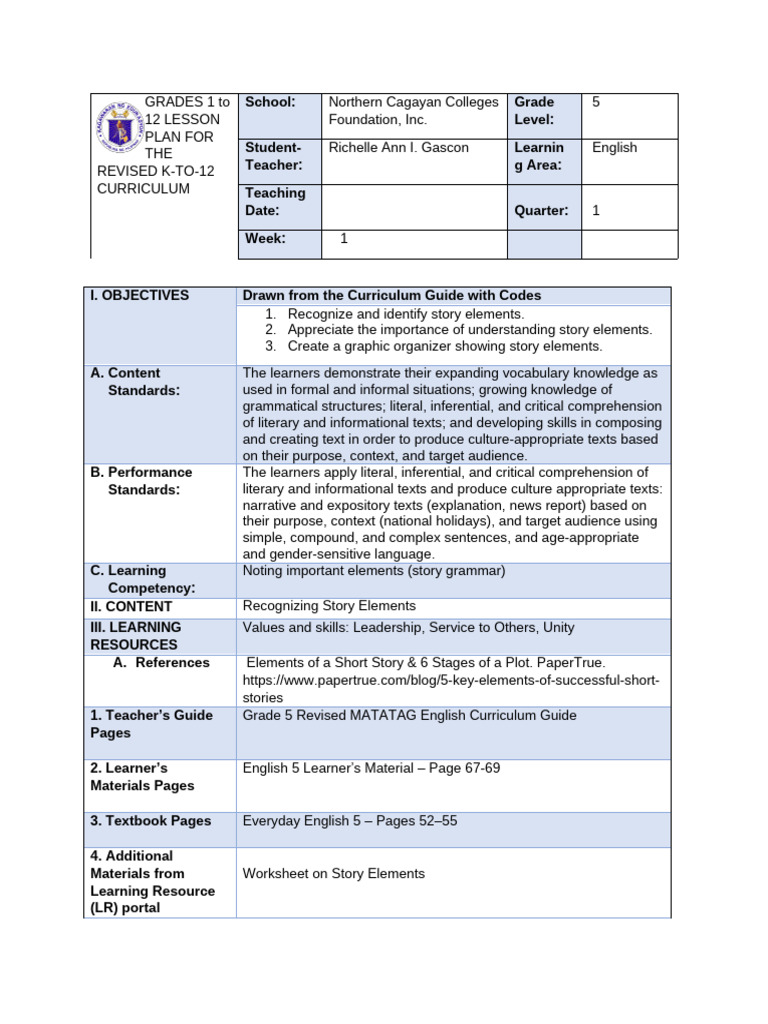 Grade 5 English Lesson Plan: Story Elements | PDF | Reading ...