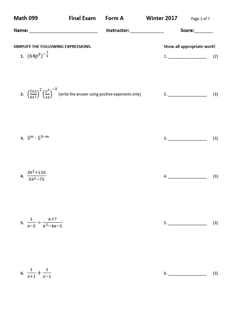 Math 099 Winter 2017 Final Exam Form A | PDF | Area | Mathematics