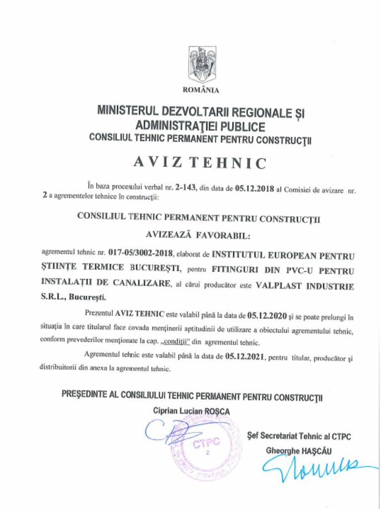 3002 - Aviz Si Agrement Fitinguri Din PVC Canalizare Valplast | PDF