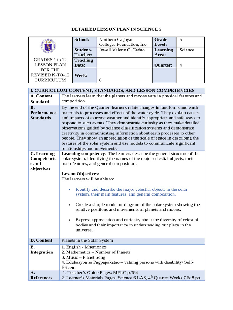 Grade 5 Science Lesson Plan: Solar System | PDF | Planets | Solar System