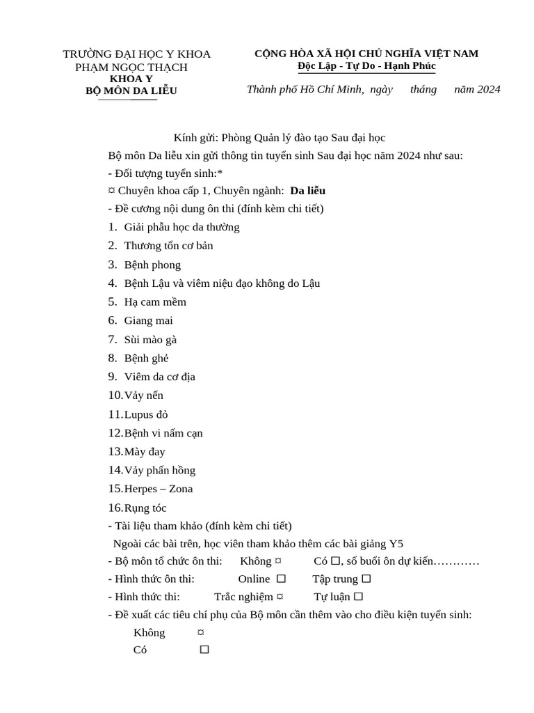 2. Biểu Mẫu Gửi Đề Cương Ôn Thi Ts Sđh 2024 - Ck1 - Bm Da Liễu | PDF